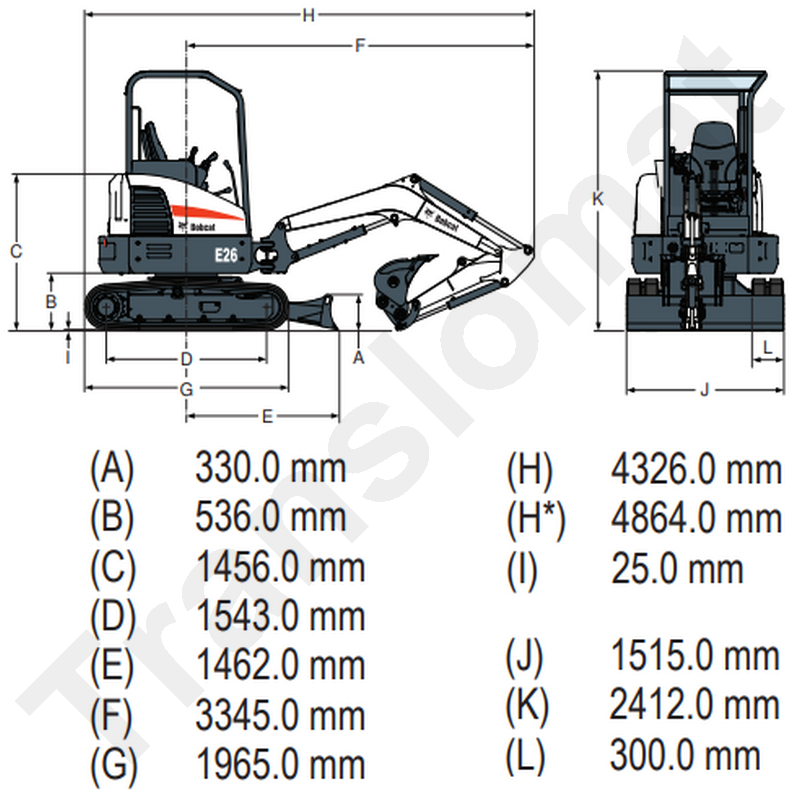 Mini-pelle 2.6T cabine - L155cm - godets 30/60/120 cm